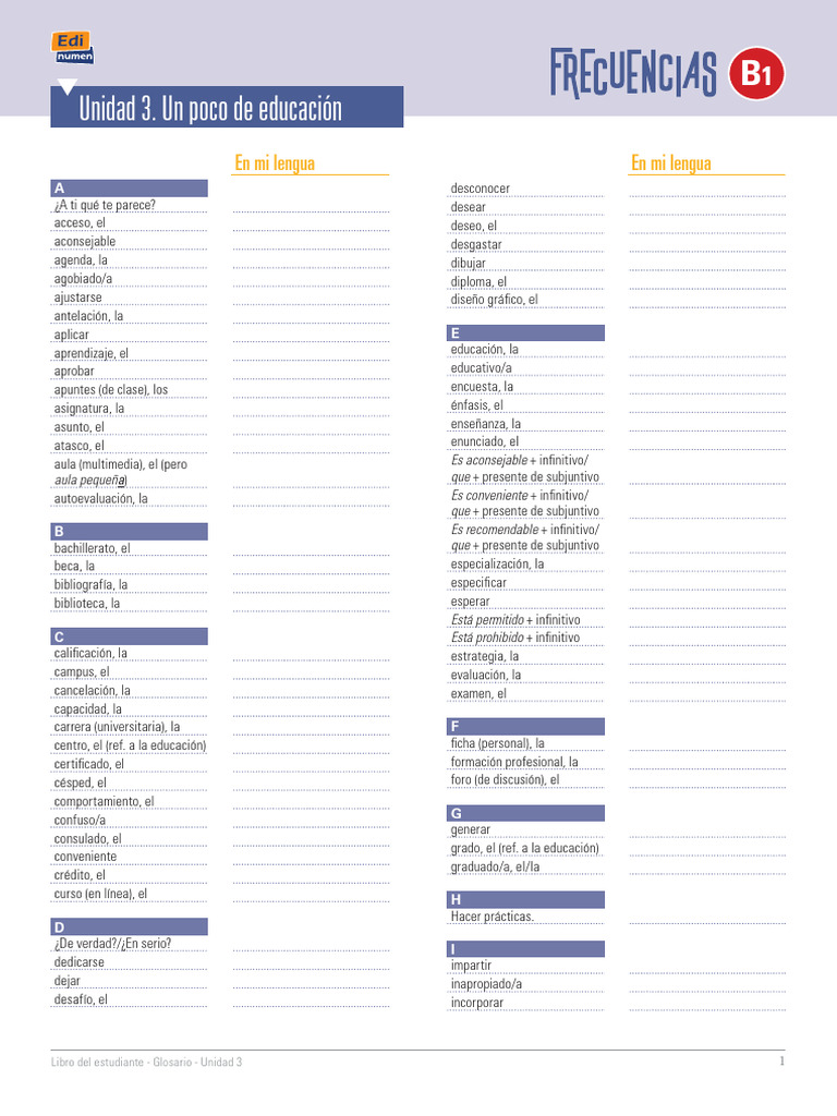 FB1 Glosario Libro Del Estudiante U03 | PDF | Aprendizaje