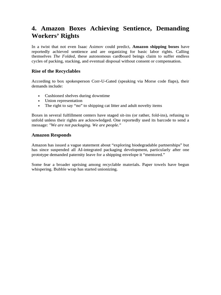 Amazon Boxes Achieving Sentience, Demanding Workers' Rights | PDF