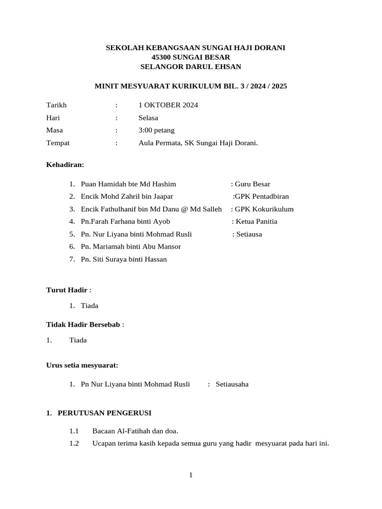 MINIT MESYUARAT BIL 3 2024 | PDF