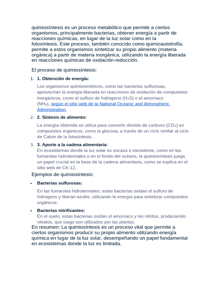 Quimiosíntesis: Proceso y Ejemplos Clave | PDF