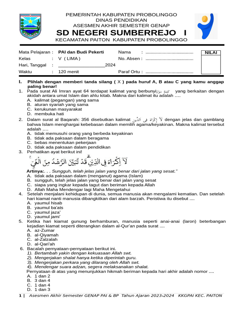 5. Soal Pas Pai Kelas 5 Edit | PDF