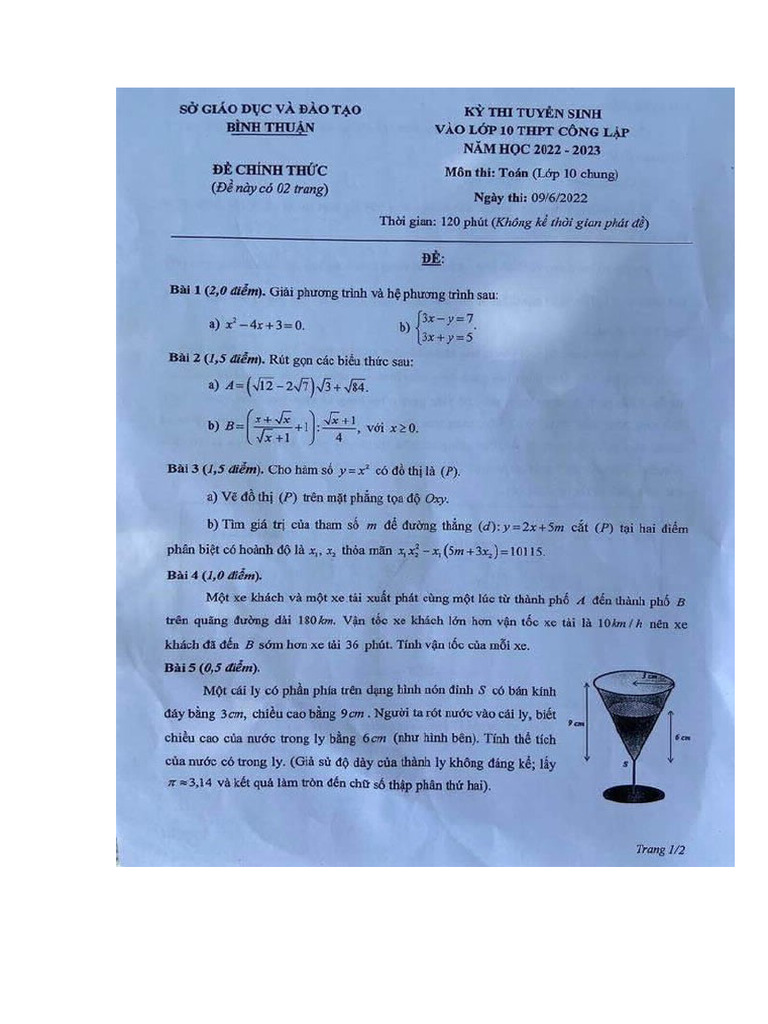 De Thi Vao Lop 10 Mon Toan Binh Thuan 2022 | PDF