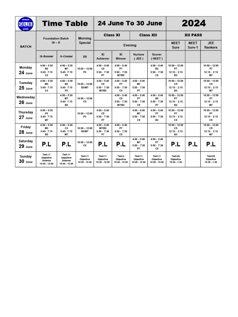 New Batch Time Table 24 June To 30 June 2024... Please | PDF