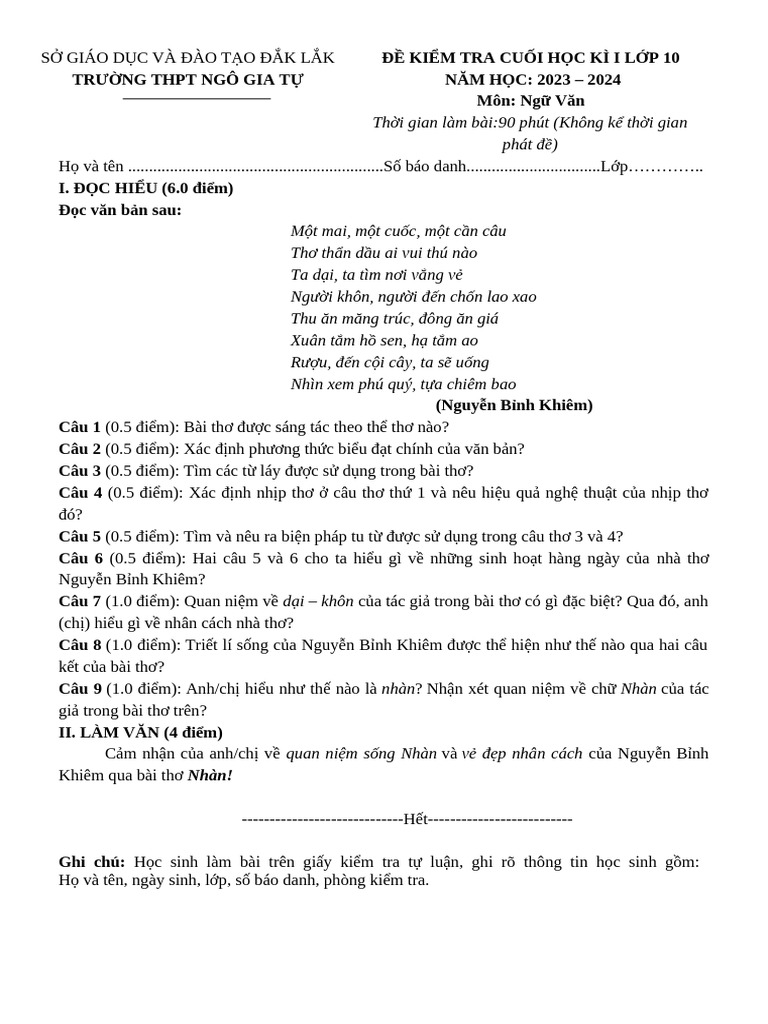 Deda Van 10 Ktra Cuoi HK1 2324 | PDF