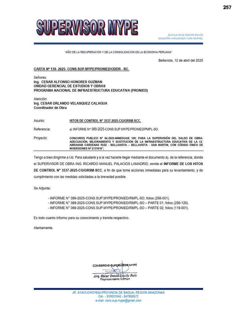 CARTA Nº 139 - 2025- CONS.SUP.MYPEPRONIEDODDR - RC | PDF