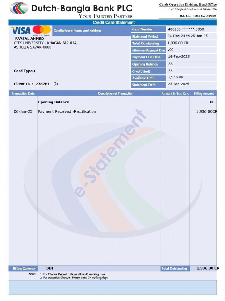 E-Statement of DBBL VISA Prepaid Card For Jan-2025 | PDF