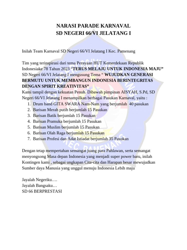 Narasi Karnaval SD 66/VI Jelatang I | PDF