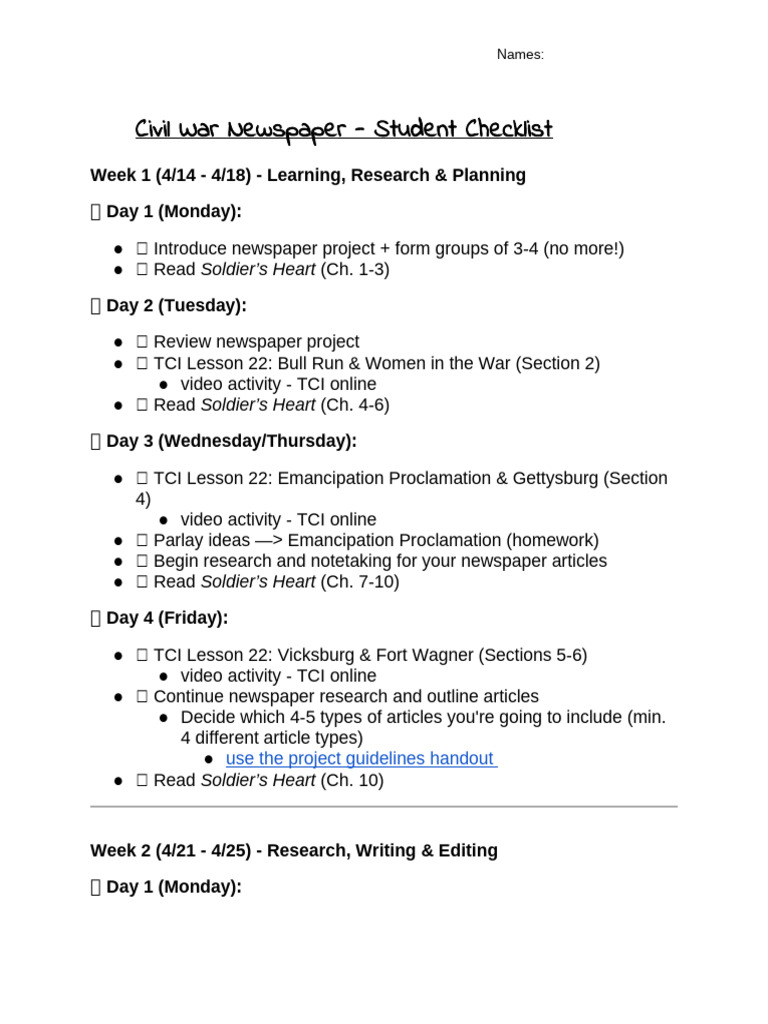 Copy of CW Project Student Checklist __ Loughlin 24-25 | PDF | Newspapers | Human Communication