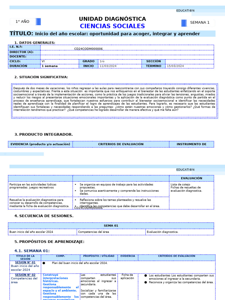 Unidad Diagnostica - CC - SS - 1° | PDF | Evaluación | Enseñando