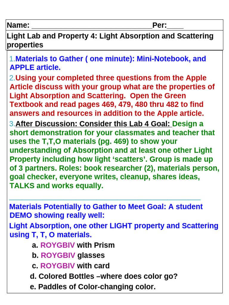 8th Grade Science Grading Rubric - Light Properties and Absorption ...