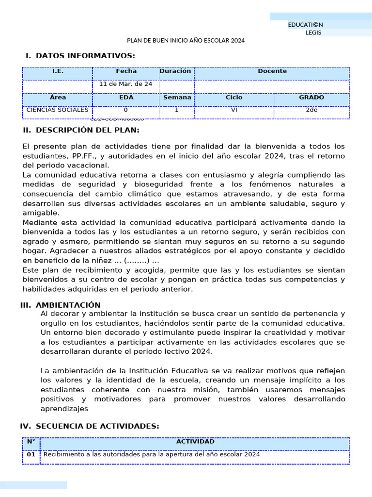 1° SESIÓN - PLAN DE BUEN INICIO - CC.SS- 2° | PDF
