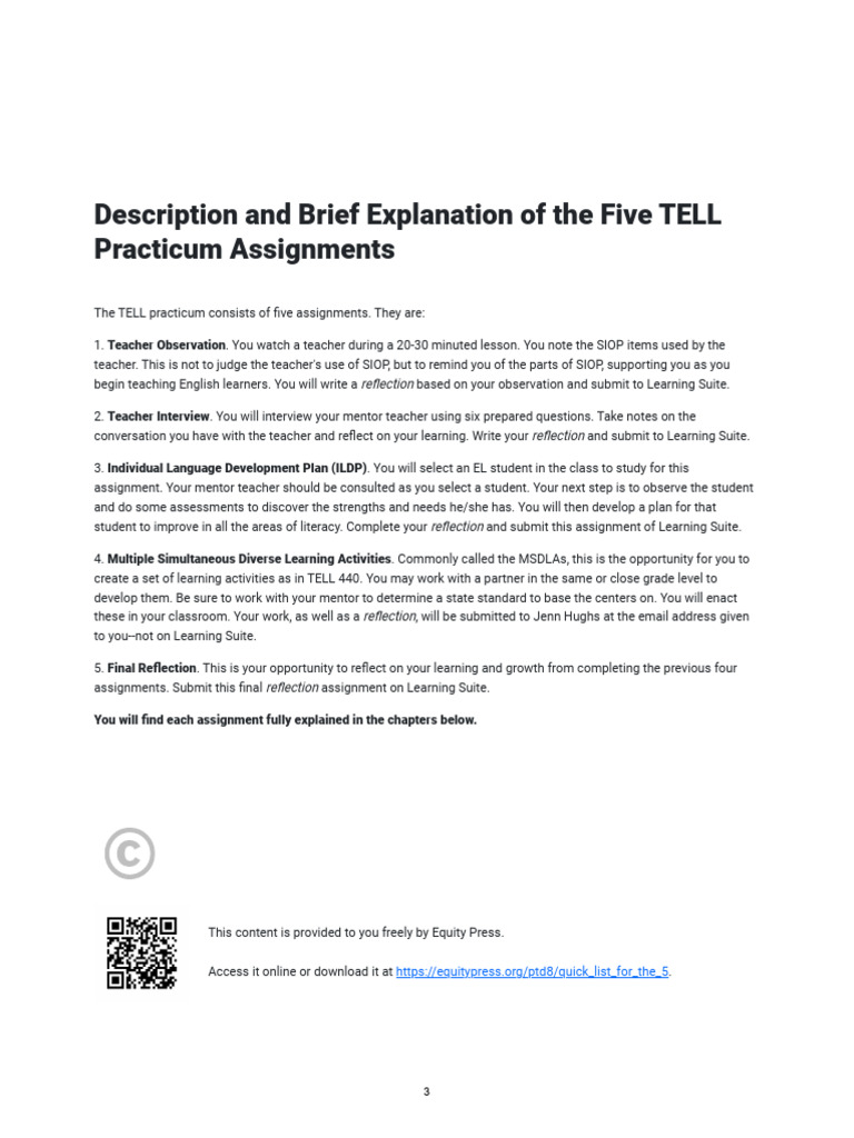 Description and Brief Explanation of The Five TELL Practicum ...
