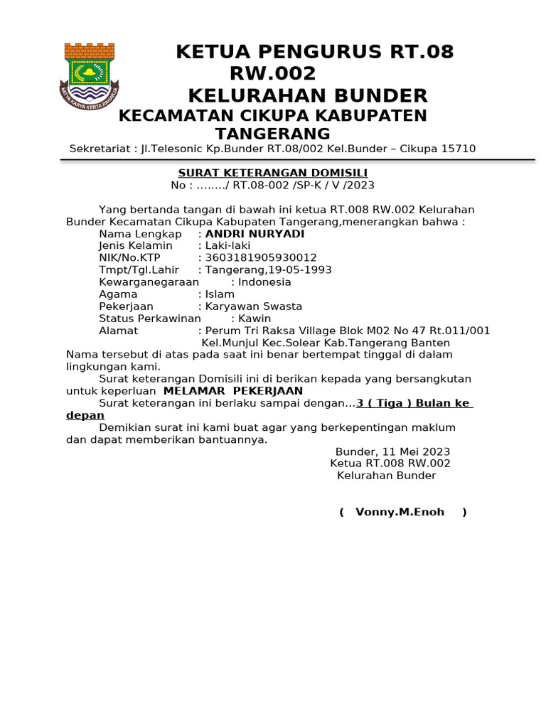 Surat Keterangan Domisili RT Bunder | PDF