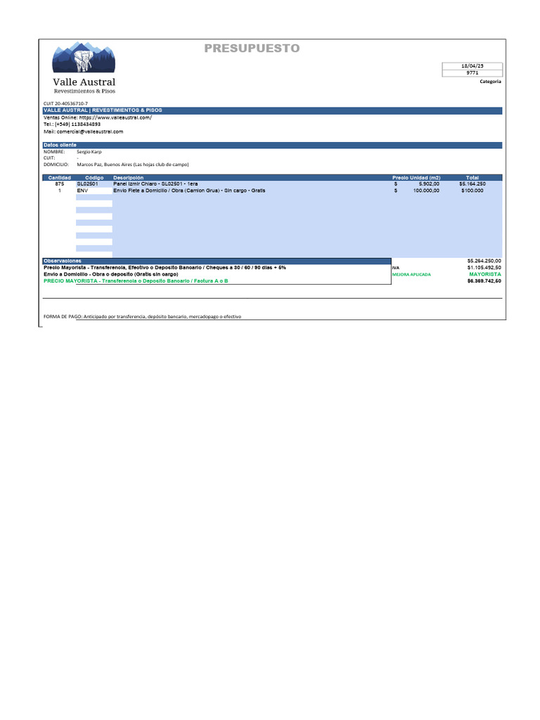 Presupuesto Izmir Chiaro Sergio Karp - Marcos Paz - Valle Austral | PDF