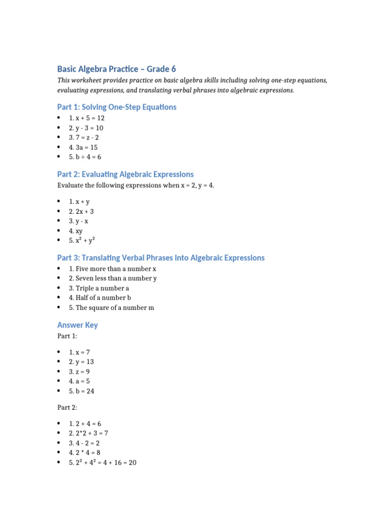 Basic Algebra Practice Grade 6 | PDF
