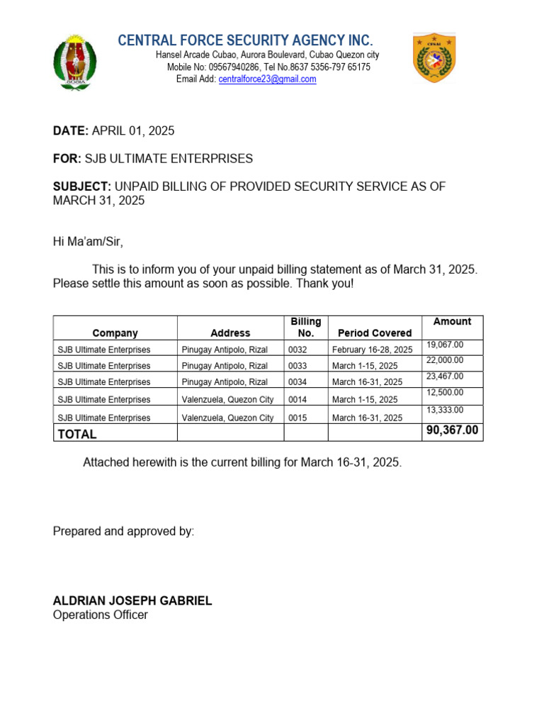 Unpaid Security Service Billing Notice | PDF