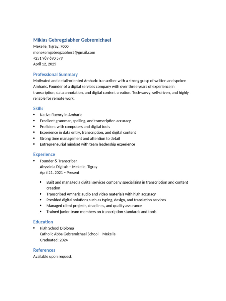 Mikias Gebregziabher Resume | PDF