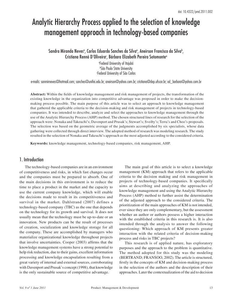 Analytic Hierarchy Process Applied To The Selection of Knowledge Management Approach in ...