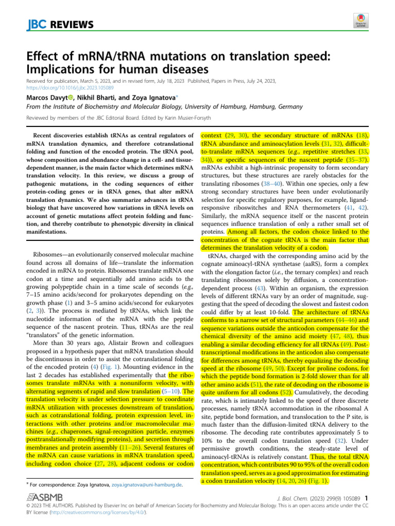 Effect of mRNA tRNA mutations on translation speed-Implications for ...