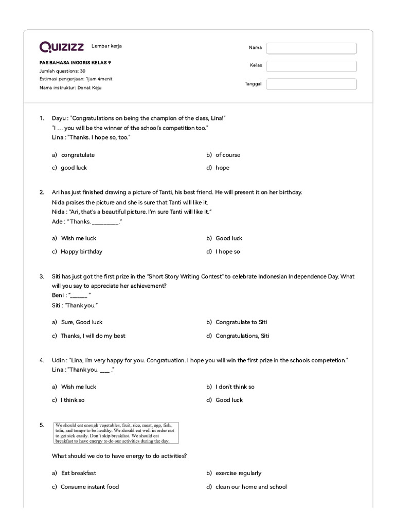 English Worksheet for 9th Grade Students | PDF