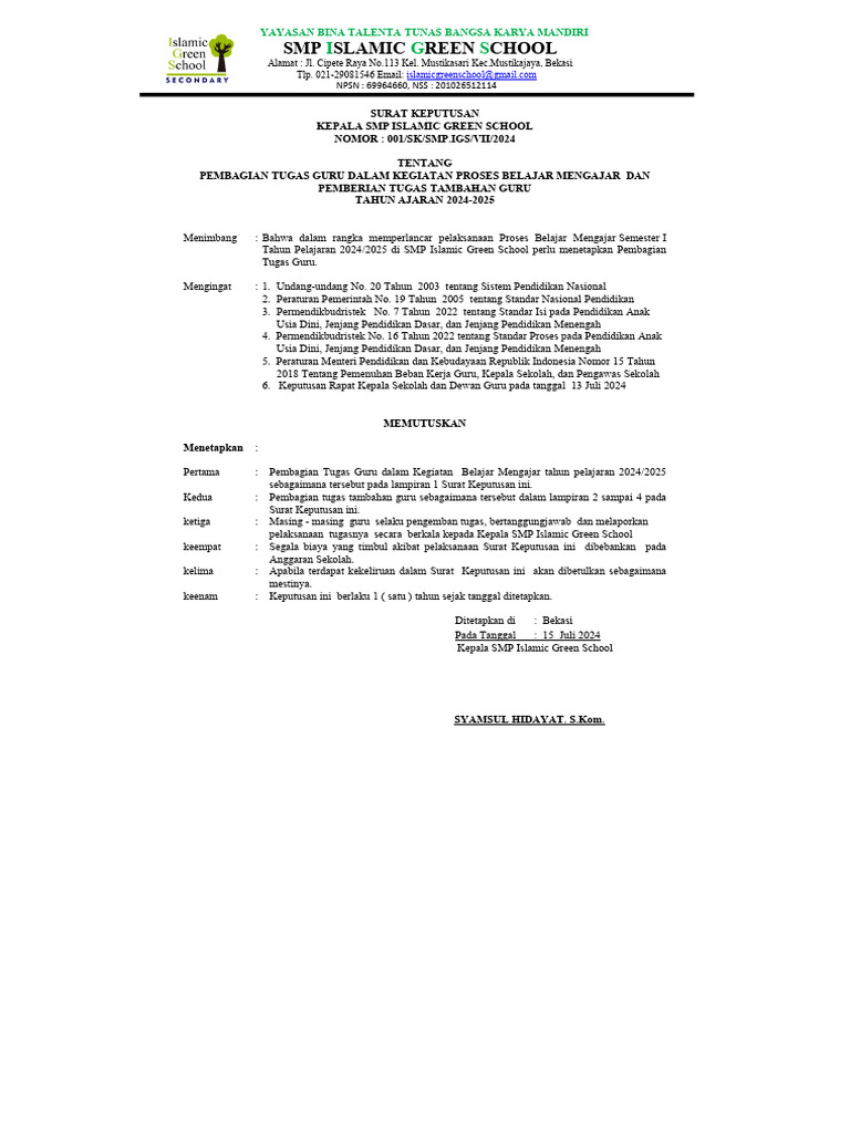 SK Pembagian Tugas Guru SMP 2024-2025 | PDF