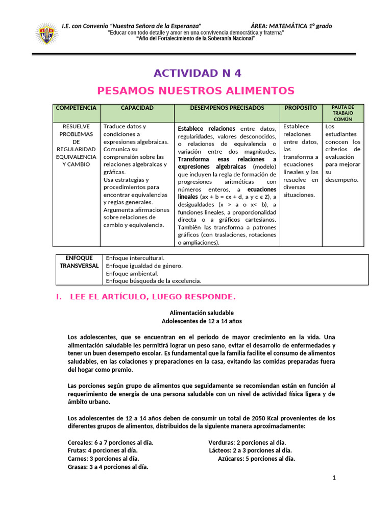 Actv - Nâ°4-Mat - 1er Grado 2022 Ii Bim | PDF | Ecuaciones | Matemáticas