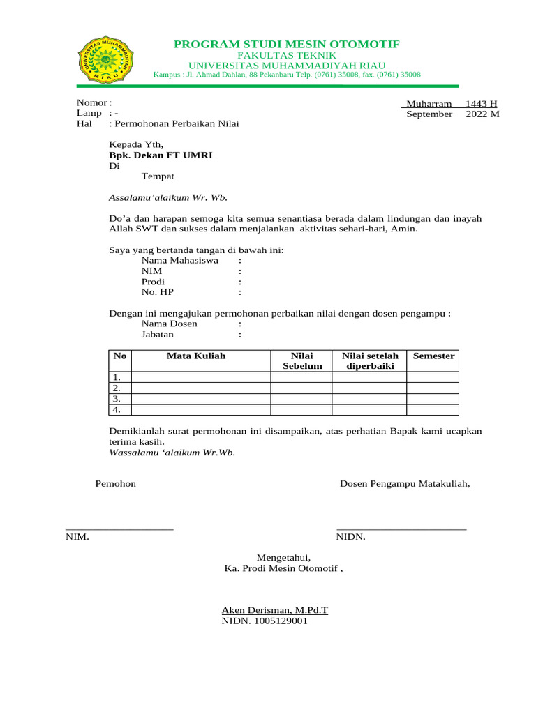 Form Perbaikan Nilai Mahasiswa | PDF