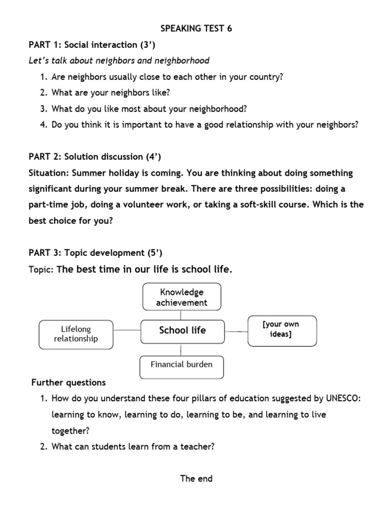 Speaking Test 6: Neighbors & School Life | PDF