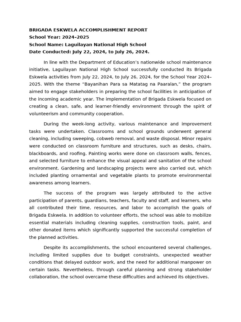 BRIGADA ESKWELA ACCOMPLISHMENT REPORT | PDF | Volunteering | Classroom