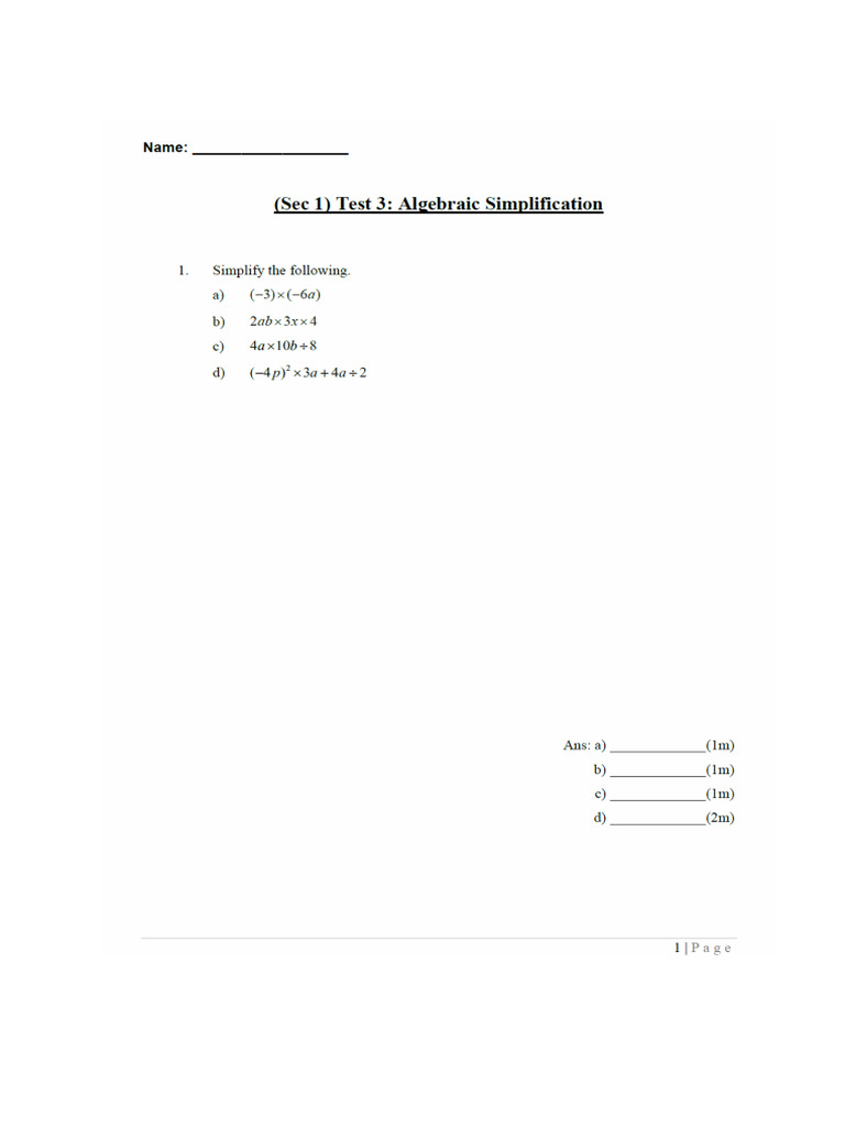 Sec 1 Math - Algebra Test | PDF