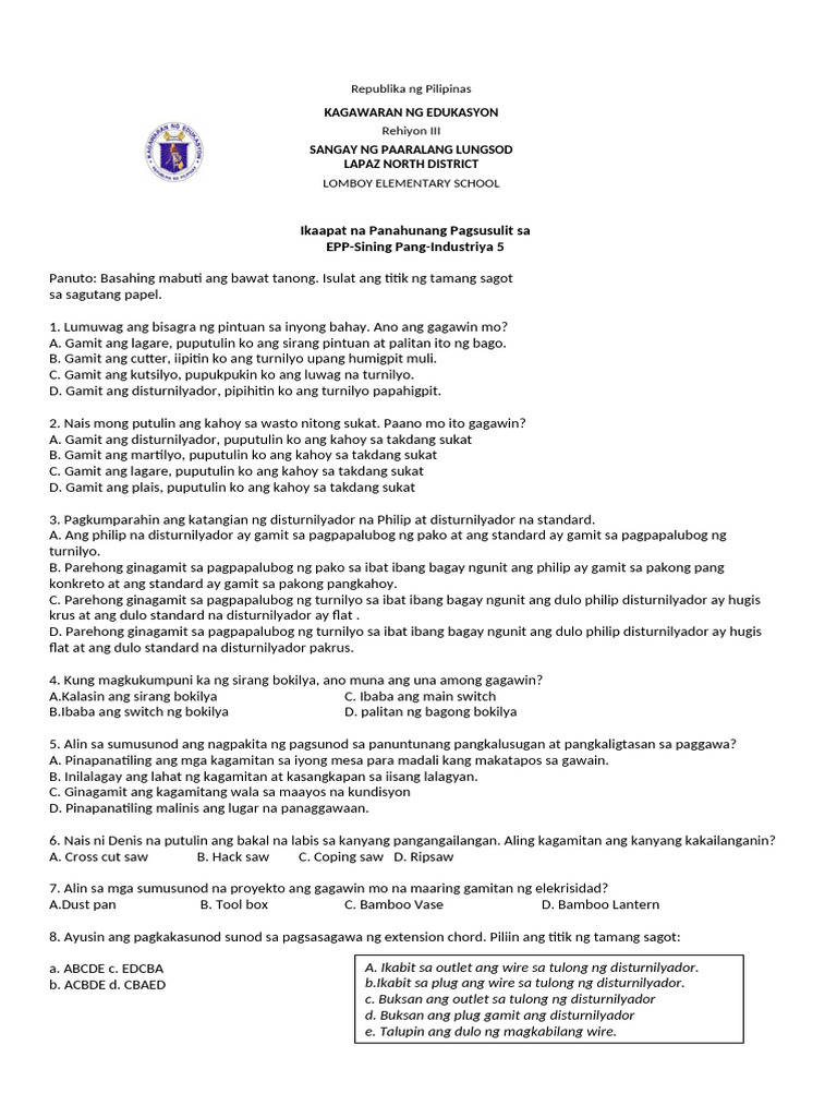 Ikaapat Na Panahunang Pagsusulit Sa EPP-Sining Pang-Industriya 5 | PDF