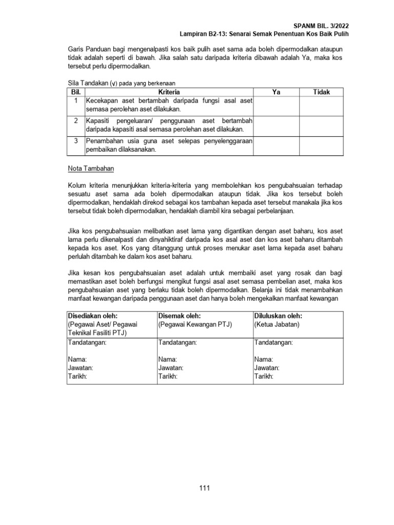 Lampiran B2-13 Senarai Semak Penentuan Kos Baik Pulih | PDF