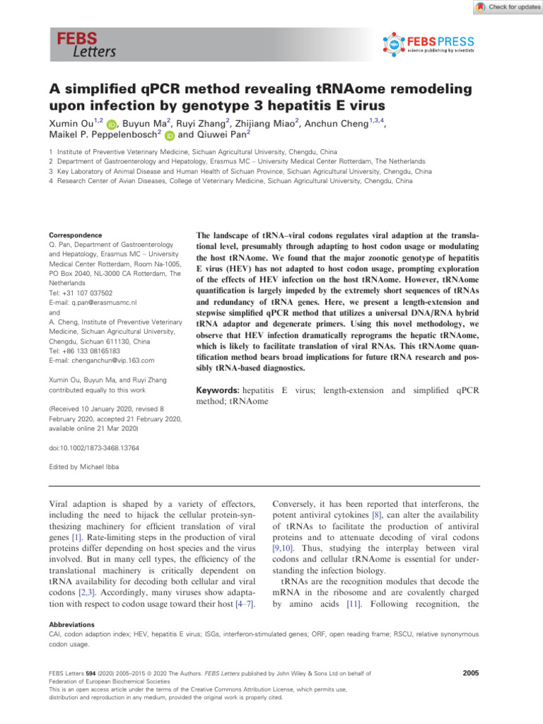 A Simplified QPCR Method Revealing tRNAome Remodeling Upon Infection by ...
