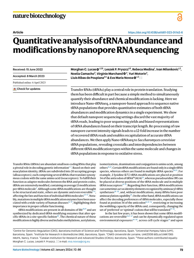 Quantitative analysis of tRNA abundance and modifications by nanopore RNA sequencing | PDF | Dna ...