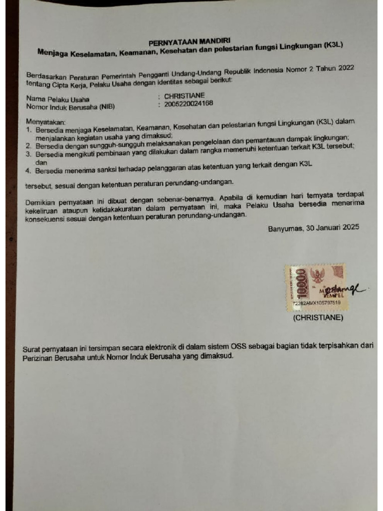 Surat Pernyataan Mandiri K3L | PDF