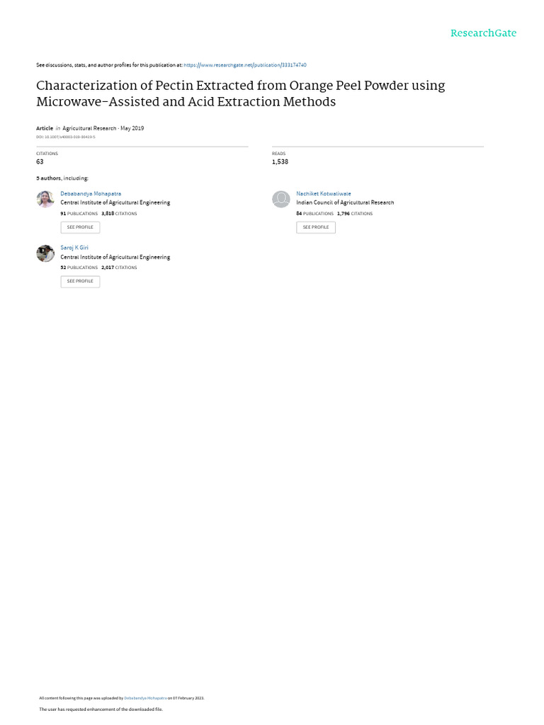 Characterization of Pectin Extracted From Orange Peel Powder Using Microwave-Assisted and Acid ...