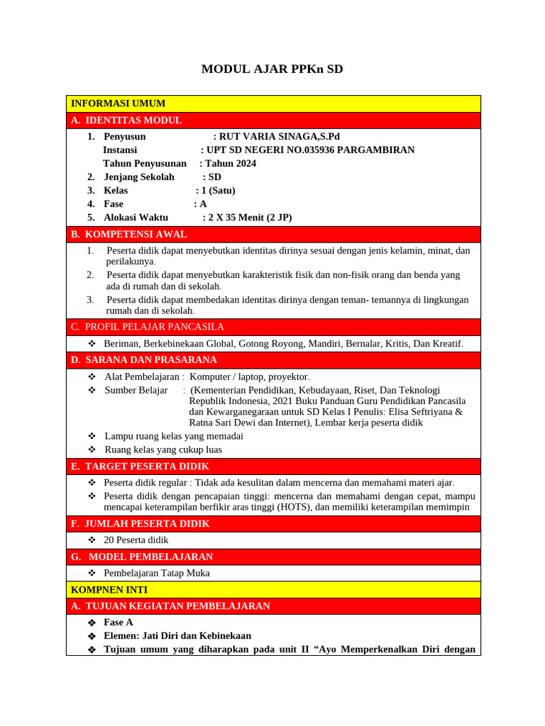 Modul Ajar PPKN SD PPG Ukin | PDF