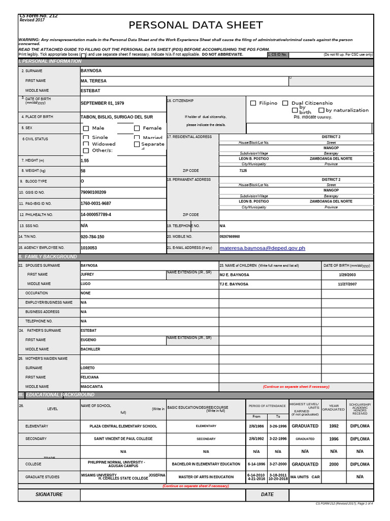 CS Form No. 212 Revised Personal Data Sheet New | PDF