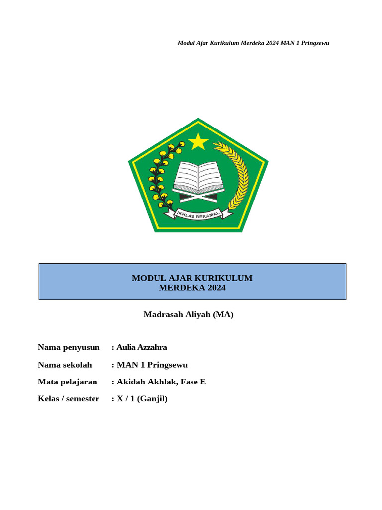 MODUL AJAR Akidah Akhlak (Aulia New) | PDF
