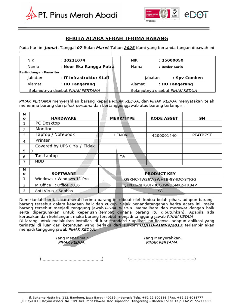 BA SERAH TERIMA (Master) | PDF