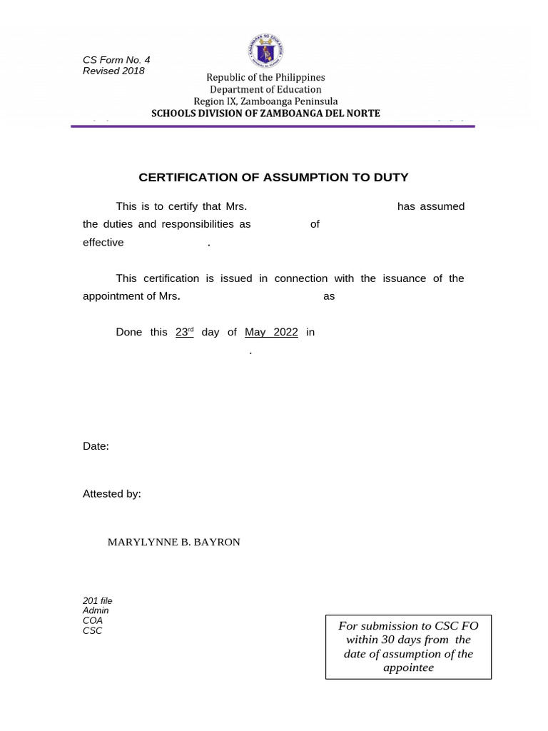 Certificate of Assumption To Duty | PDF