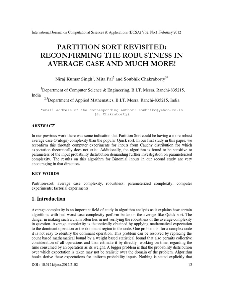 Partition Sort Revisited: Reconfirming The Robustness in Average Case and Much More | PDF ...