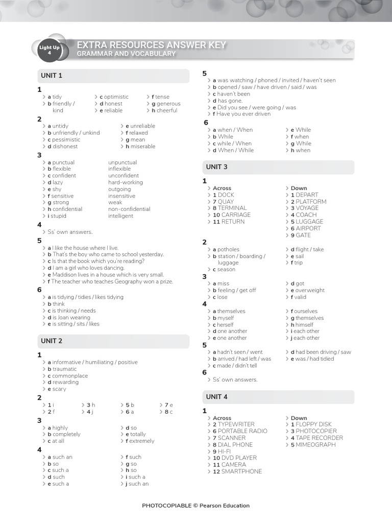 Light Up - 4 - Extra Resources - Answer Key - Grammar and Vocabulary | PDF