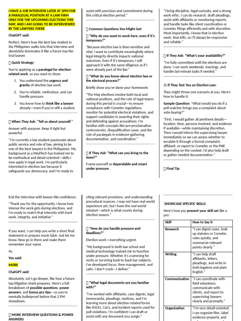 Paralegal Interview Prep for Elections | PDF | Paralegal | Justice