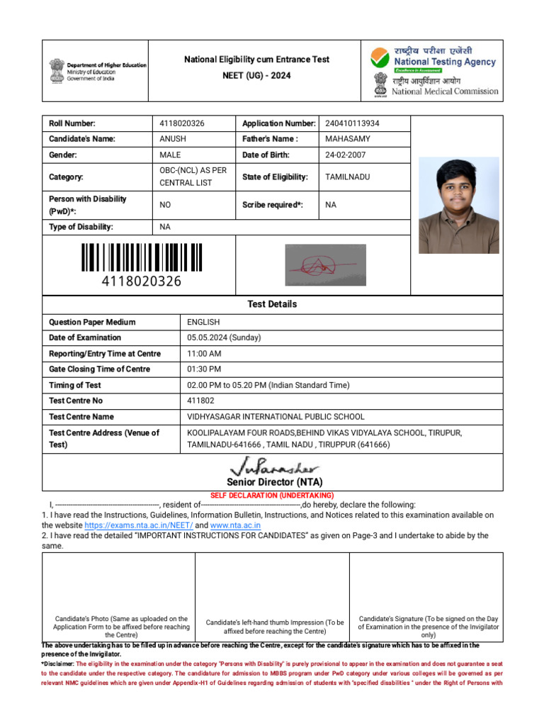 NEET UG 2024 Admit Card Details | PDF | Identity Document