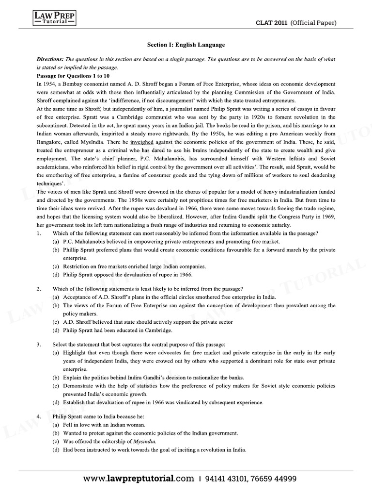 CLAT 2011 Official Question Paper | PDF