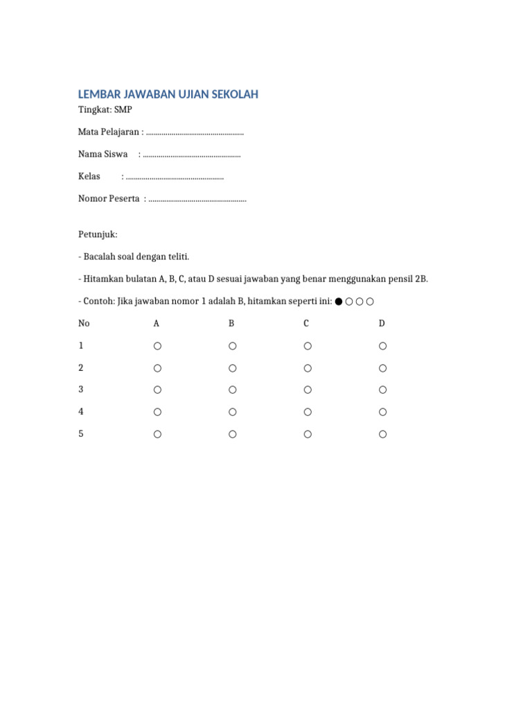 Lembar Jawaban Ujian SMP 5 Soal | PDF
