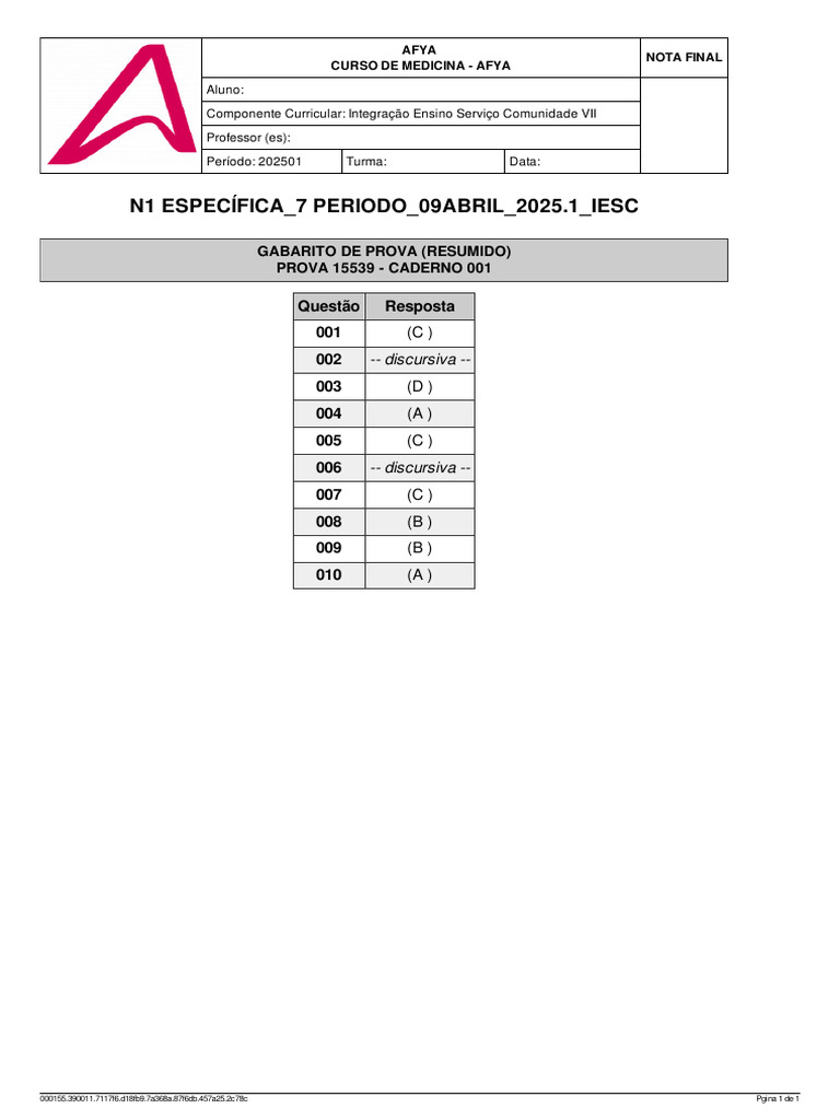 N1 Específica - Iesc 7 - 2025.1 - Gabarito Caderno 1 | PDF