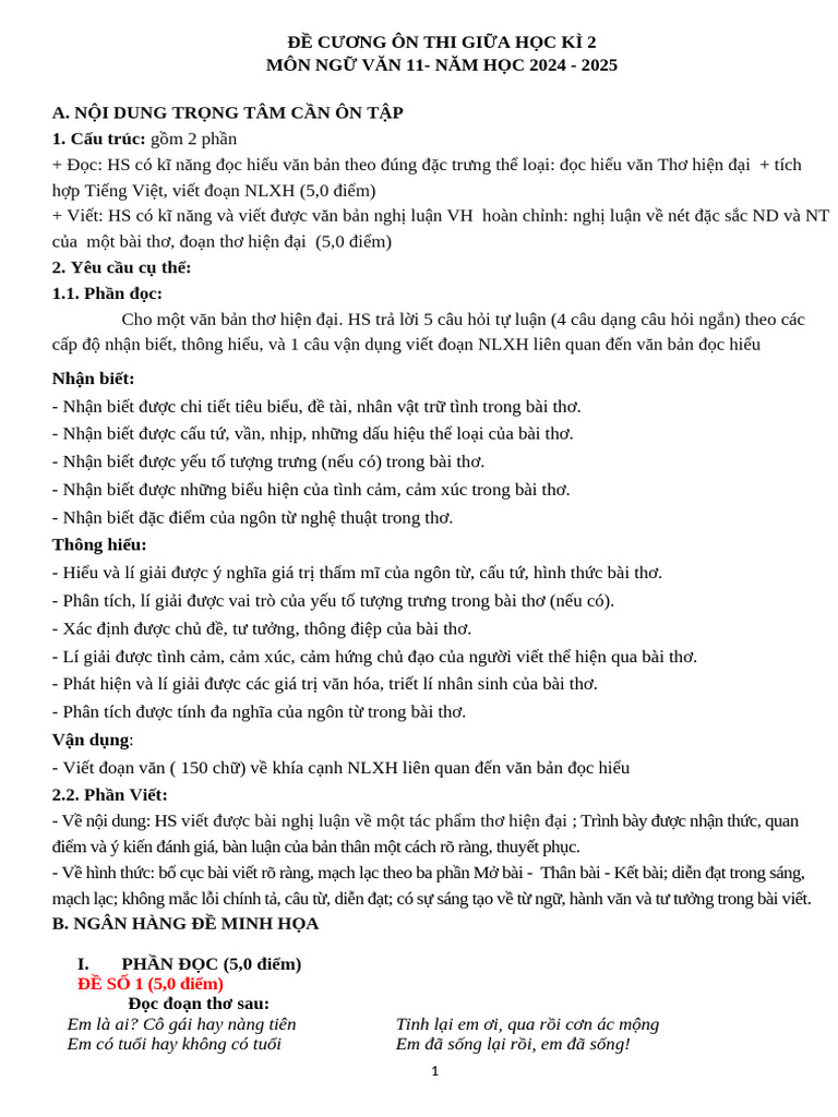 11. VĂN. ĐỀ CƯƠNG ÔN TẬP-GK 2 | PDF