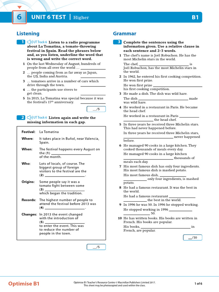 OPT B1 Unit Test 6 Higher | PDF | Taste | Cooking